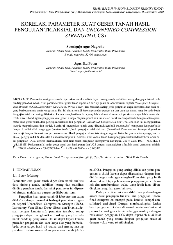 (PDF) KORELASI PARAMETER KUAT GESER TANAH HASIL PENGUJIAN TRIAKSIAL DAN UNCONFINED COMPRESSION ...