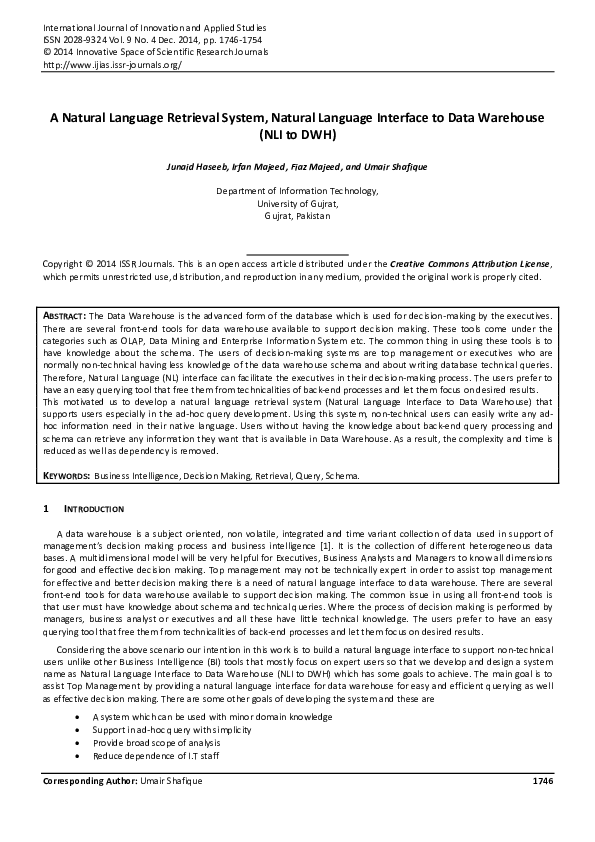 (PDF) A Natural Language Retrieval System, Natural Language Interface to Data Warehouse (NLI to DWH)