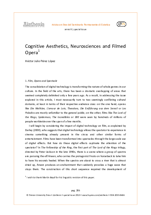 (PDF) Cognitive Aesthetics, Neurosciences and Filmed Opera