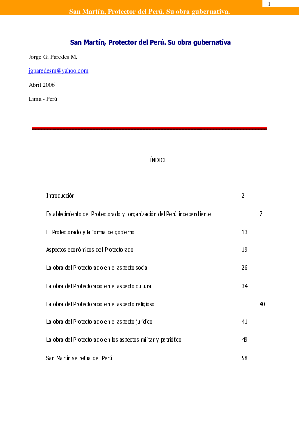 San Martín, Protector del Perú. Su obra gubernativa