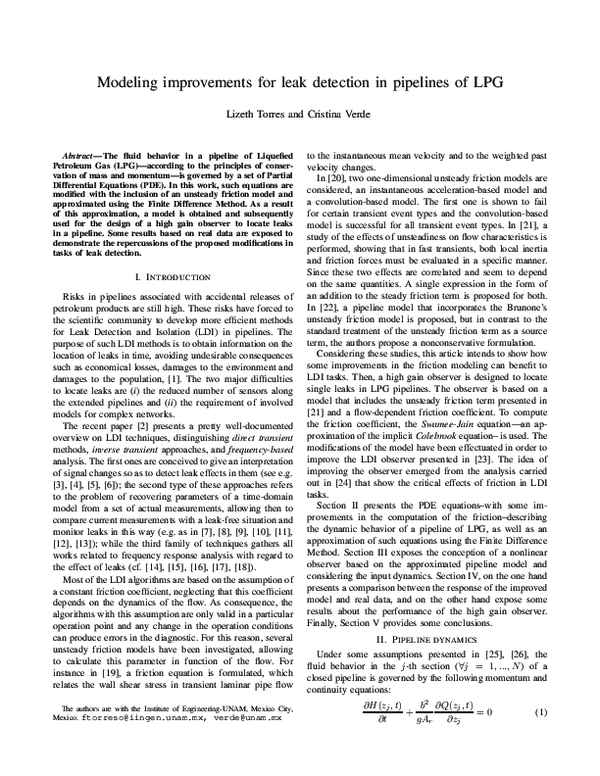 (PDF) Modeling improvements for leak detection in pipelines of LPG