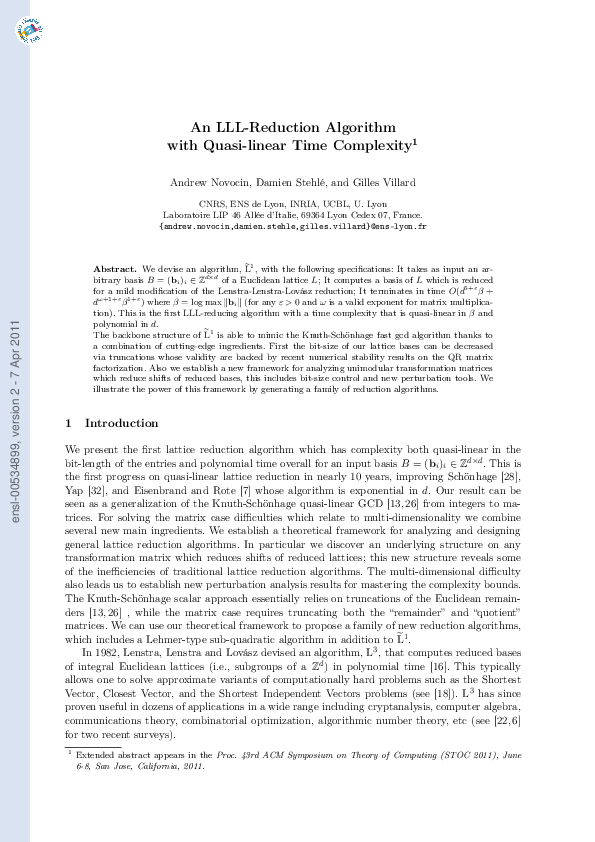 Pdf An Lll Reduction Algorithm With Quasi Linear Time Complexity