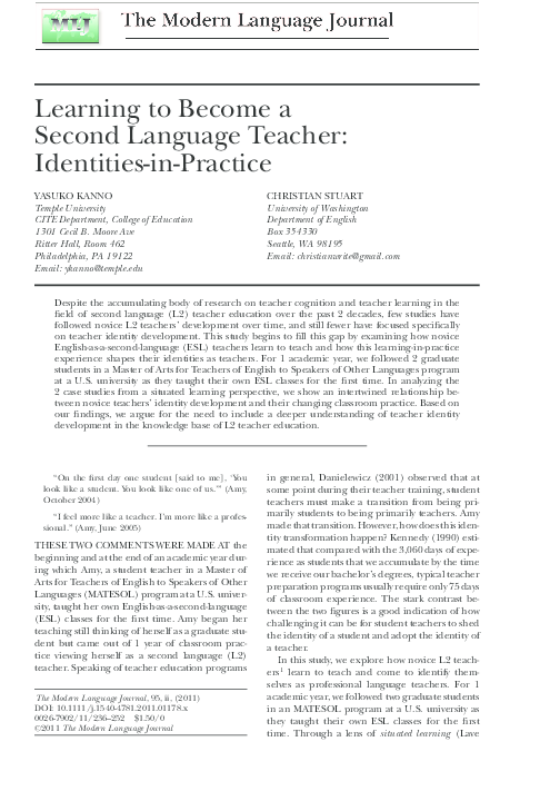 (PDF) Learning to become a second language teacher: Identities in ...