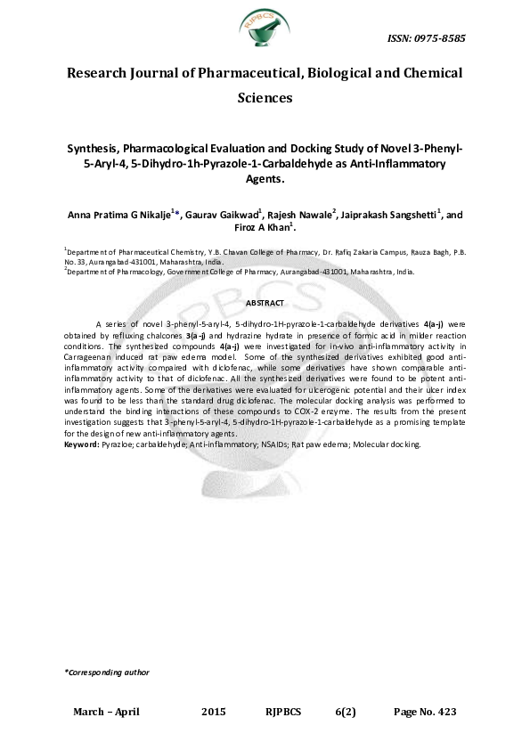 (PDF) Synthesis, Pharmacological Evaluation and Docking Study of Novel 3-Phenyl-5-Aryl-4, 5 ...