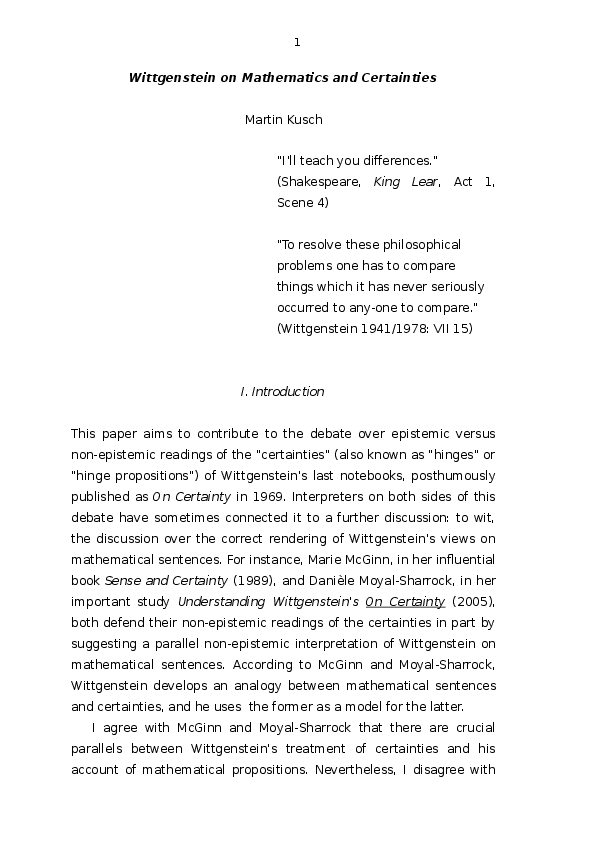 (DOC) Wittgenstein on Mathematics and Certainties