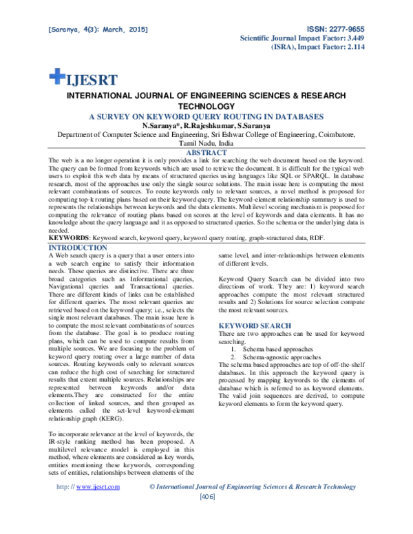 (PDF) A SURVEY ON KEYWORD QUERY ROUTING IN DATABASES
