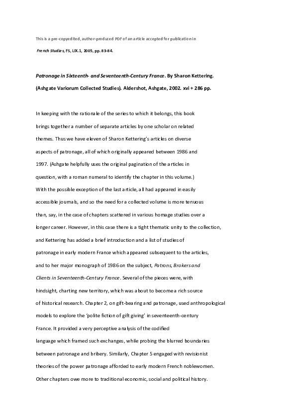 (PDF) Sharon Kettering, Patronage in Sixteenth- and Seventeenth-Century ...