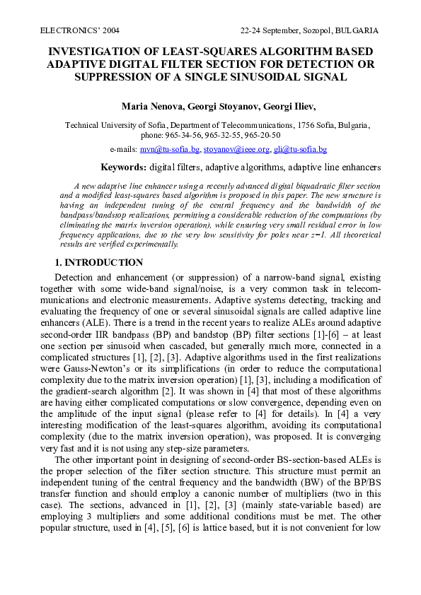 Pdf Investigation Of Least Squares Algorithm Based Adaptive Digital Filter Section For