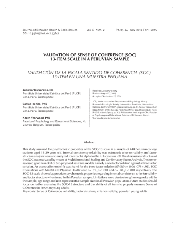 (PDF) Validation of Sense of Coherence (SOC) 13-item scale in a ...