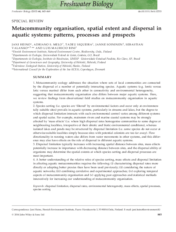 Pdf Metacommunity Organisation Spatial Extent And Dispersal In Aquatic Systems Patterns