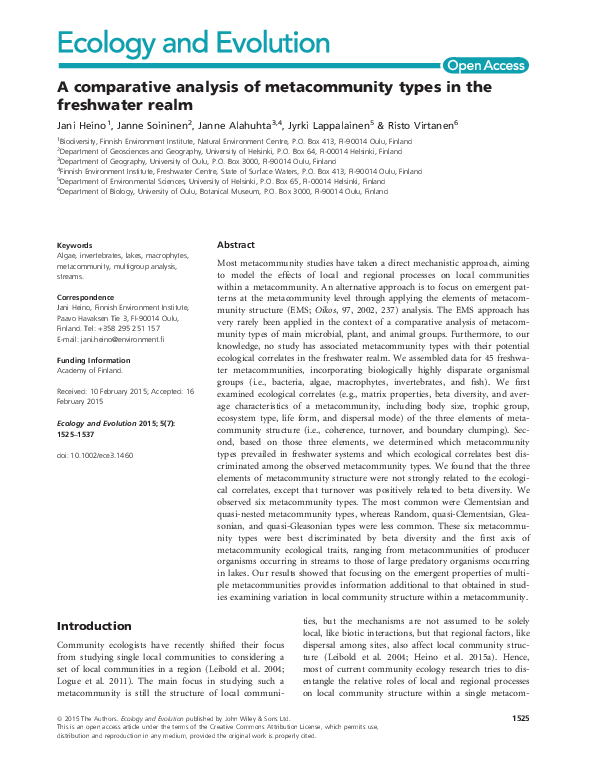(PDF) A comparative analysis of metacommunity types in the freshwater realm