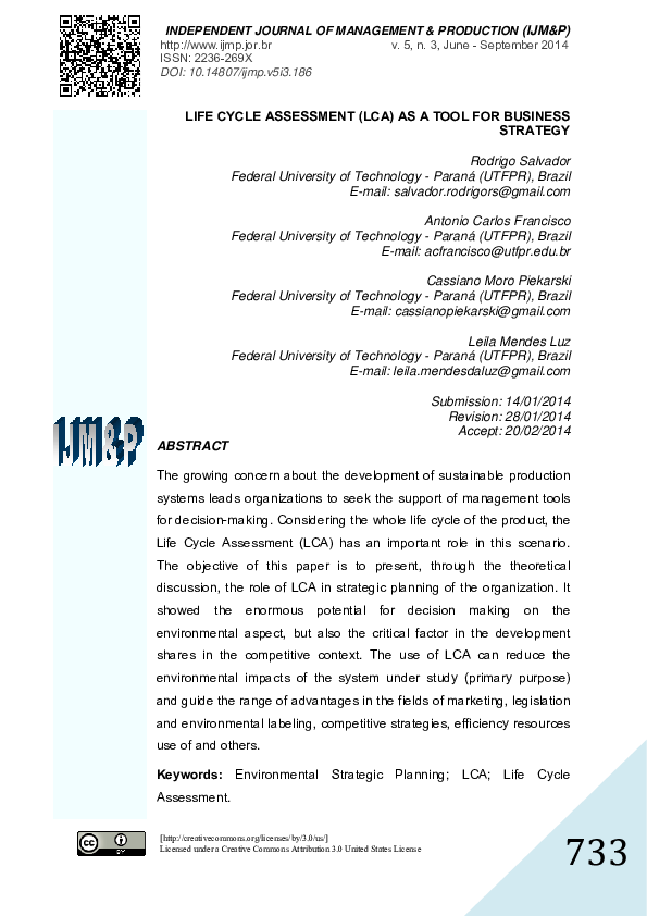 (PDF) LIFE CYCLE ASSESSMENT (LCA) AS A TOOL FOR BUSINESS STRATEGY