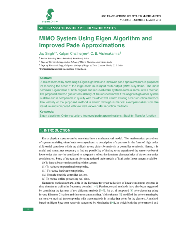 Pdf Mimo System Using Eigen Algorithm And Improved Pade Approximations Jay Singh 