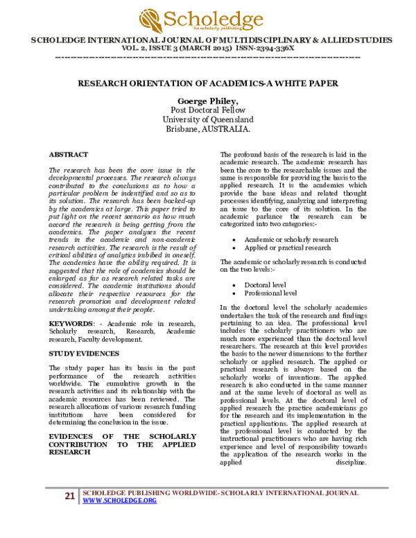 (PDF) RESEARCH ORIENTATION OF ACADEMICS-A WHITE PAPER