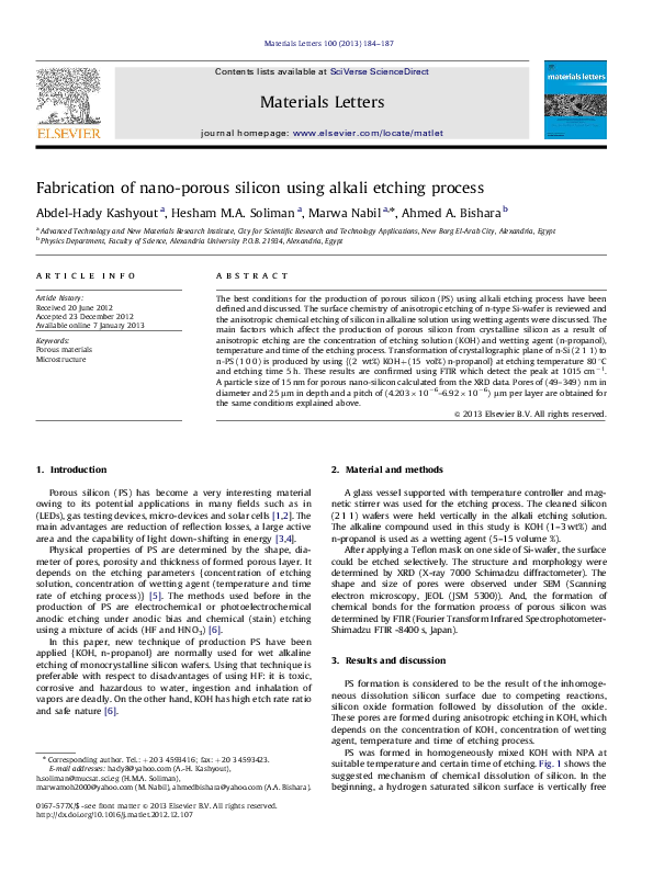 (PDF) Fabrication of nano-porous silicon using alkali etching process