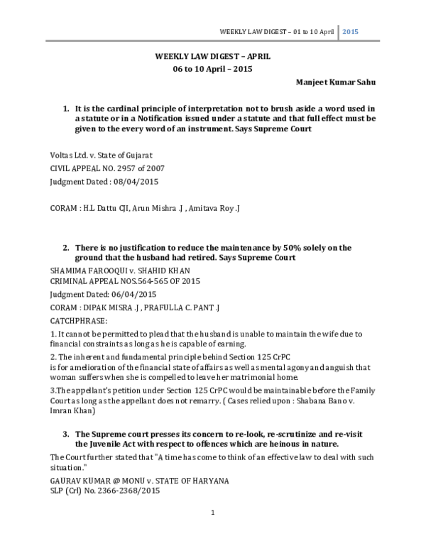 (PDF) WEEKLY LAW DIGEST - 6th - 10th APRIL ,2015