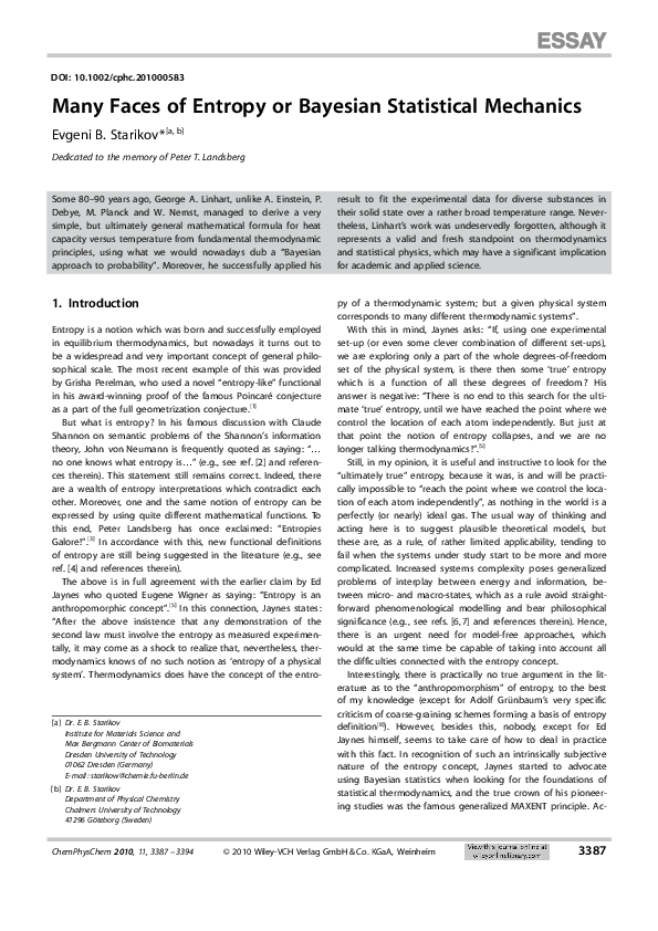 (PDF) Many Faces of Entropy or Bayesian Statistical Mechanics