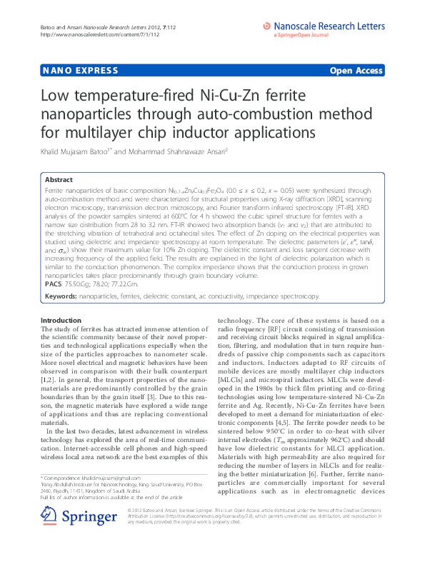 (PDF) Low temperature-fired Ni-Cu-Zn ferrite nanoparticles through auto-combustion method for ...