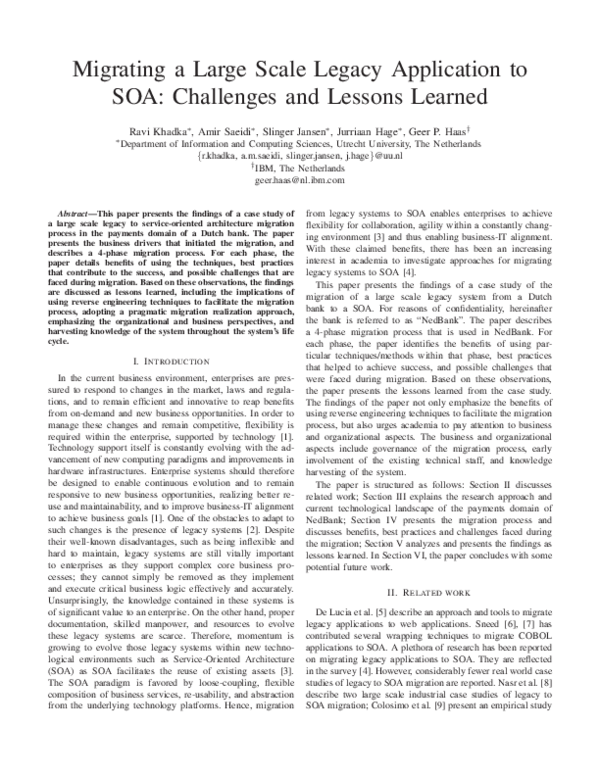 Pdf Migrating A Large Scale Legacy Application To Soa Challenges And Lessons Learned
