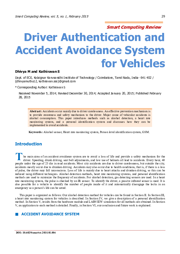 (PDF) Driver Authentication and Accident Avoidance System for Vehicles