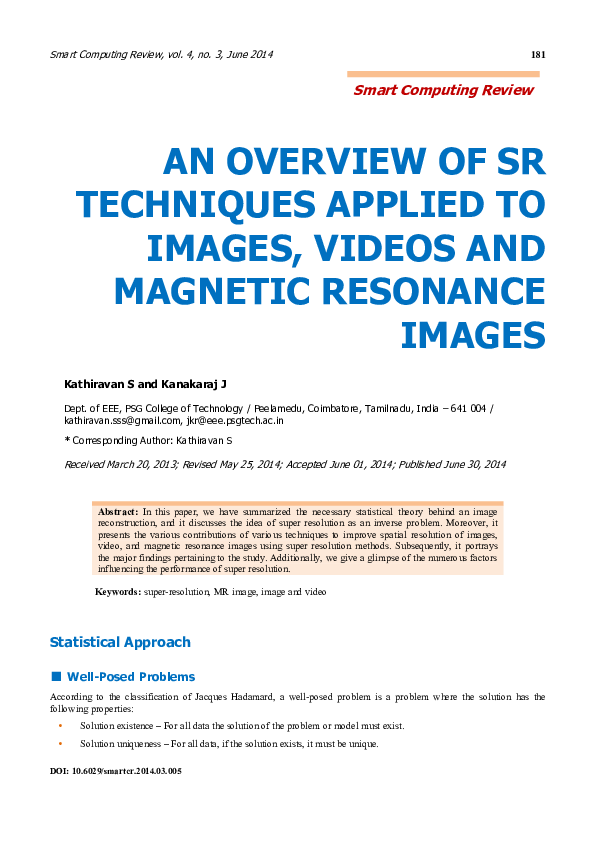 (PDF) AN OVERVIEW OF SR TECHNIQUES APPLIED TO IMAGES, VIDEOS AND ...