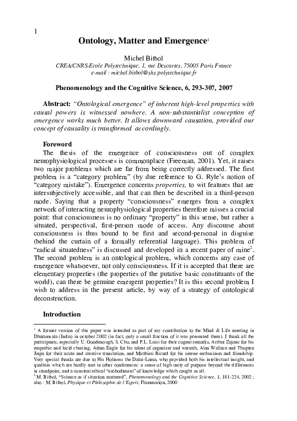 (PDF) Ontology, Matter and Emergence