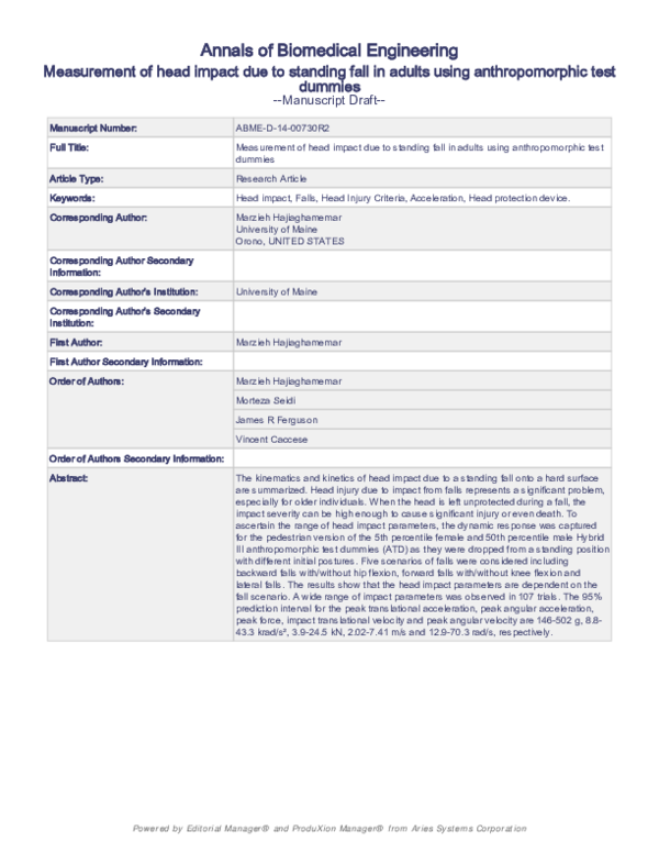(PDF) Measurement of Head Impact Due to Standing Fall in Adults Using ...