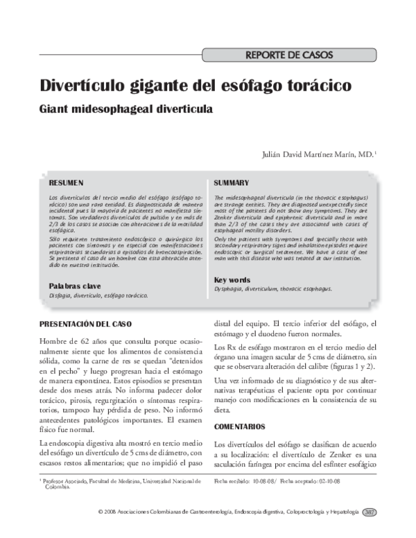 (PDF) Divertículo gigante del esófago torácico