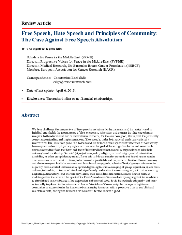 (PDF) Free Speech, Hate Speech and Principles of Community: The Case ...
