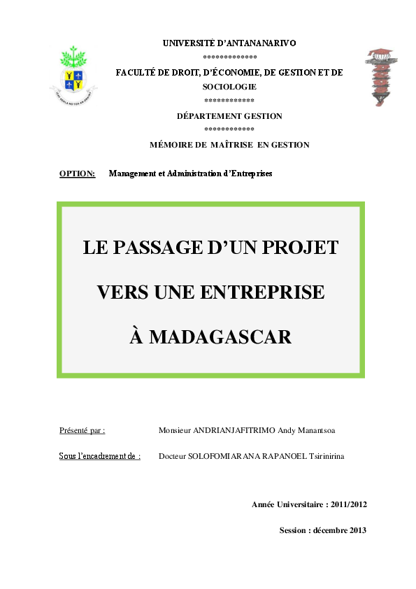 (PDF) Le passage d'un projet vers une entreprise à Madagascar