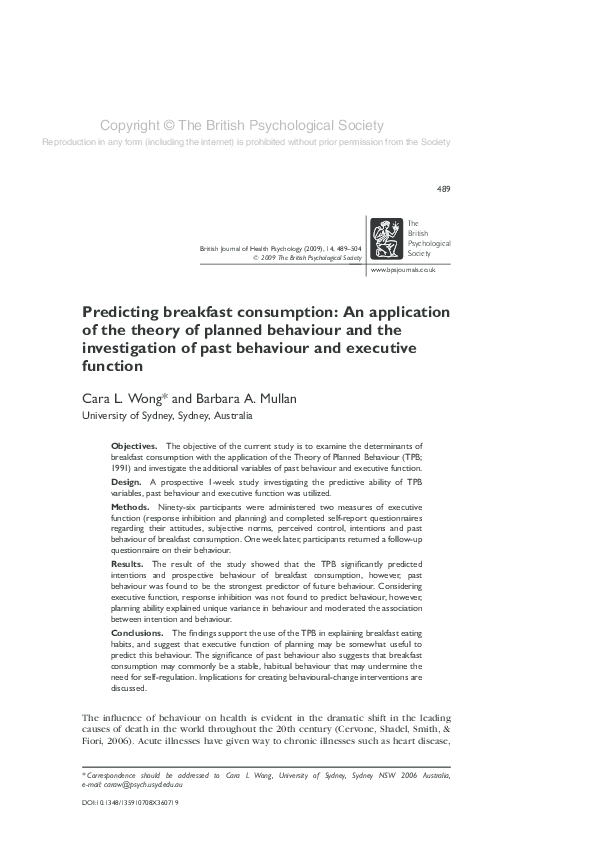 (PDF) Predicting Breakfast Consumption: An Application of the Theory of ...
