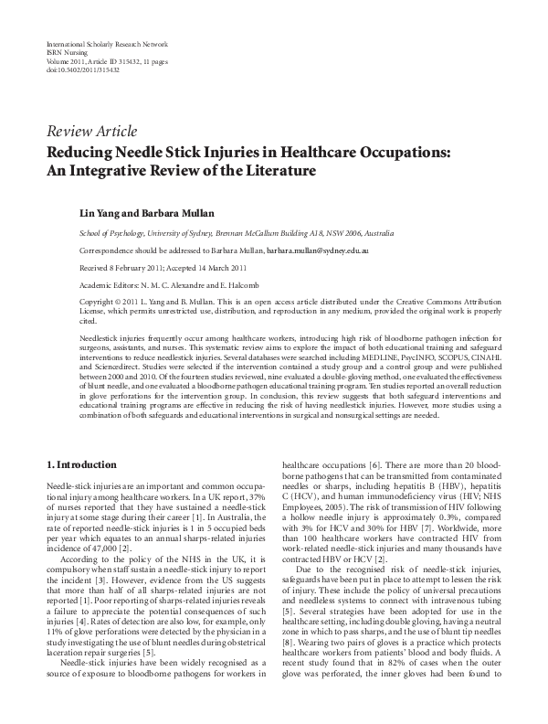(PDF) Reducing needle stick injuries in healthcare occupations: an ...