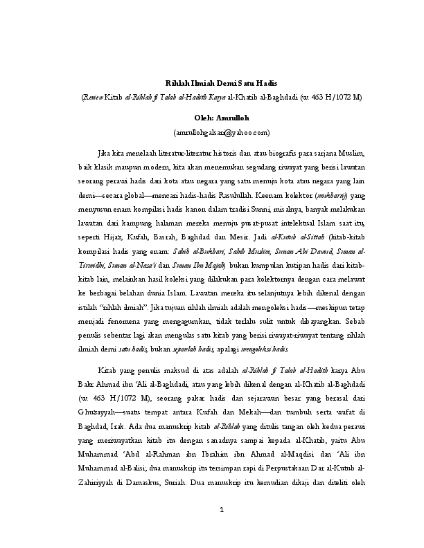 (PDF) Rihlah Ilmiah Demi Satu Hadis: Review Kitab al-Rihlah fi Talab al ...