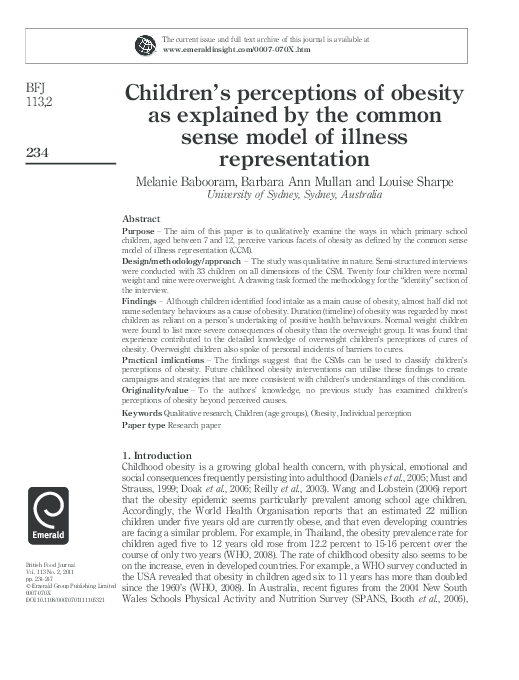 (PDF) Children's perceptions of obesity as explained by the common ...