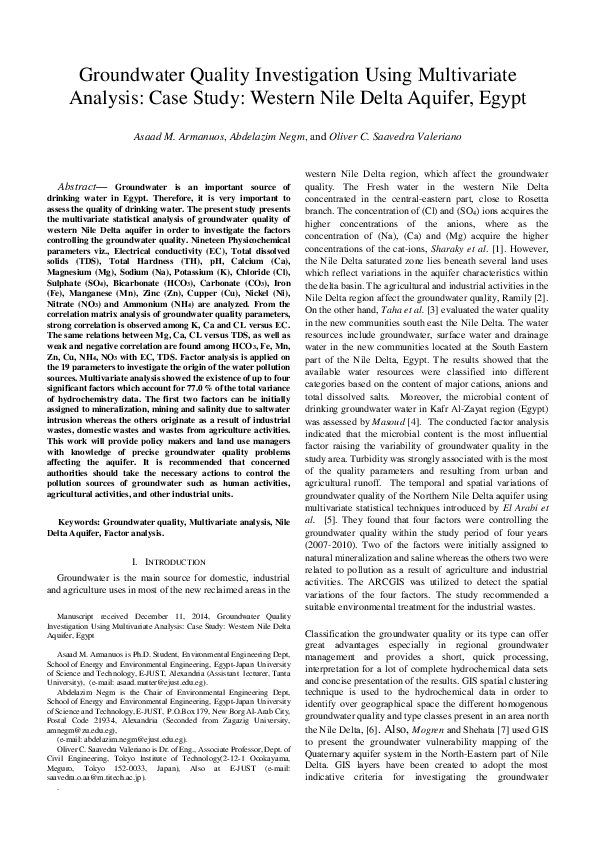 (PDF) Groundwater Quality Investigation Using Multivariate Analysis ...