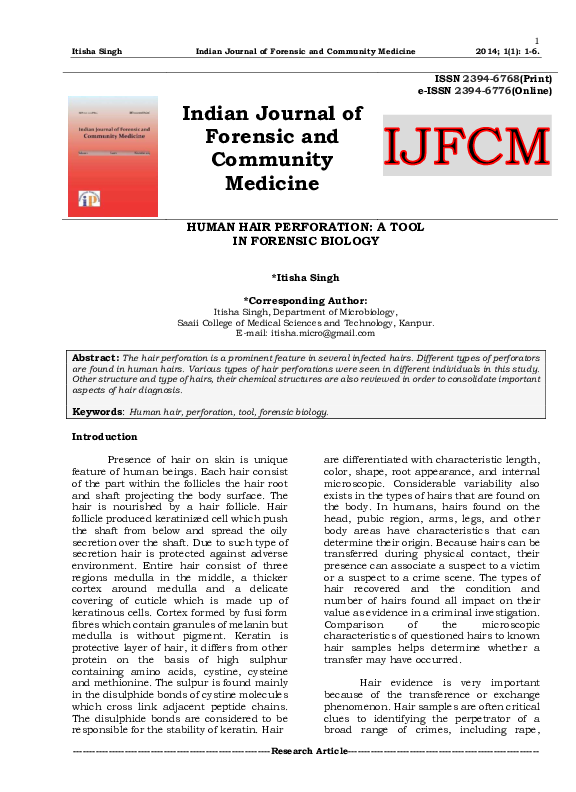 (PDF) HUMAN HAIR PERFORATION: A TOOL IN FORENSIC BIOLOGY