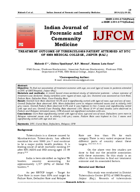 (PDF) TREATMENT OUTCOME OF TUBERCULOSIS PATIENT ATTENDED AT DTC OF SMS ...