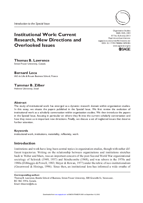 (PDF) Institutional work: Current research, new directions and ...