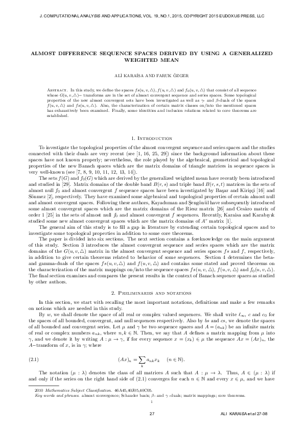 Pdf Almost Difference Sequence Spaces Derived By Using A Generalized