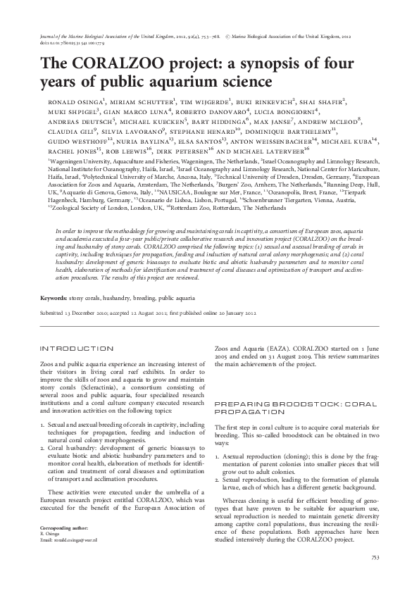 (PDF) The CORALZOO project: a synopsis of four years of public aquarium ...