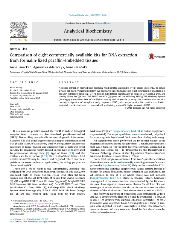 Comparison Of Eight Commercially Available Kits For Dna Extraction From Formalin Fixed Paraffin