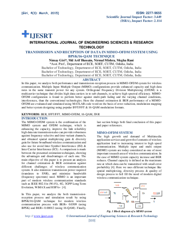 Pdf Transmission And Reception Of Data In Mimo Ofdm System Using Bpsk