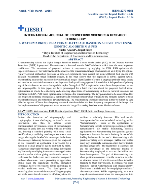 (PDF) A WATERMARKING RELATIONAL DATABASE BASED ON 5-LEVEL DWT USING GENETIC ALGORITHM & PSO