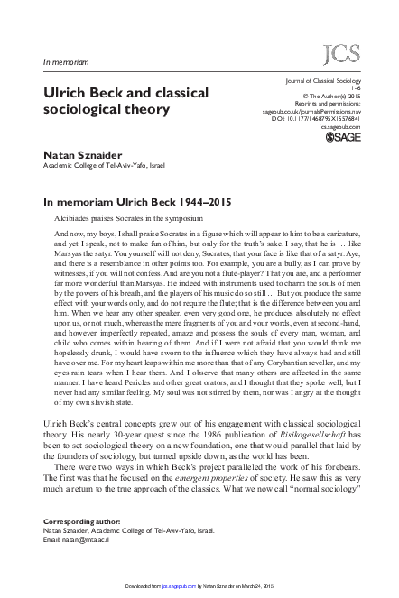 (PDF) Ulrich Beck and Classical Sociological Theory