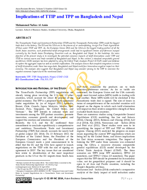 (PDF) Implications of TTIP and TPP on Bangladesh and Nepal