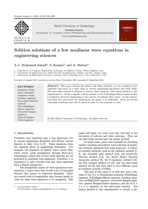 (PDF) Solition solutions of a few nonlinear wave equations in ...