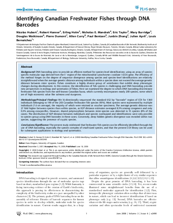 (PDF) Identifying Canadian freshwater fishes through DNA barcodes