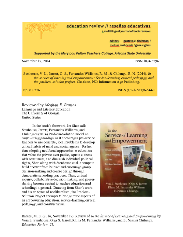(PDF) Review of In the service of learning and empowerment: Service ...