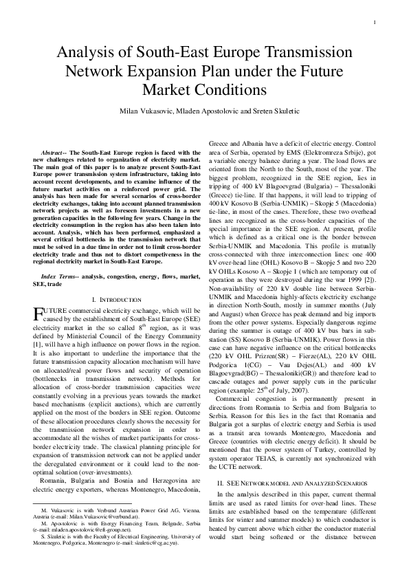 (PDF) Analysis of South-East Europe Transmission Network Expansion Plan ...