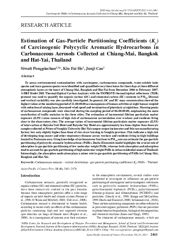 (PDF) Estimation of Gas-Particle Partitioning Coefficients (Kp) of Carcinogenic Polycyclic ...